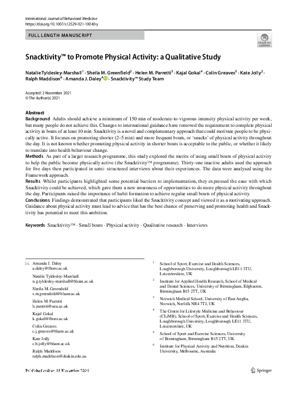 (PDF) Snacktivity™ to Promote Physical Activity: a Qualitative Study
