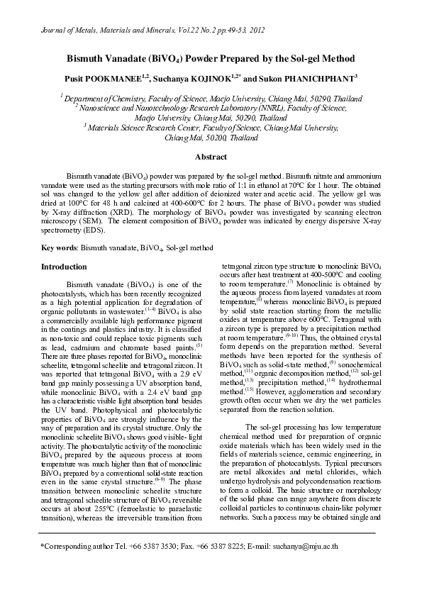 (PDF) Bismuth Vanadate (BiVO4) Powder Prepared by the Sol-Gel Method