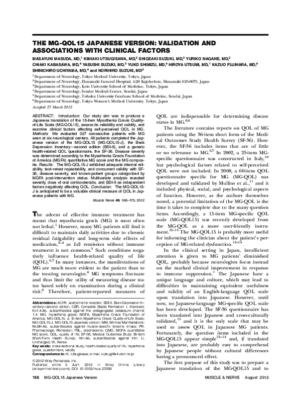 (PDF) The MG-QOL15 Japanese version: Validation and associations with ...
