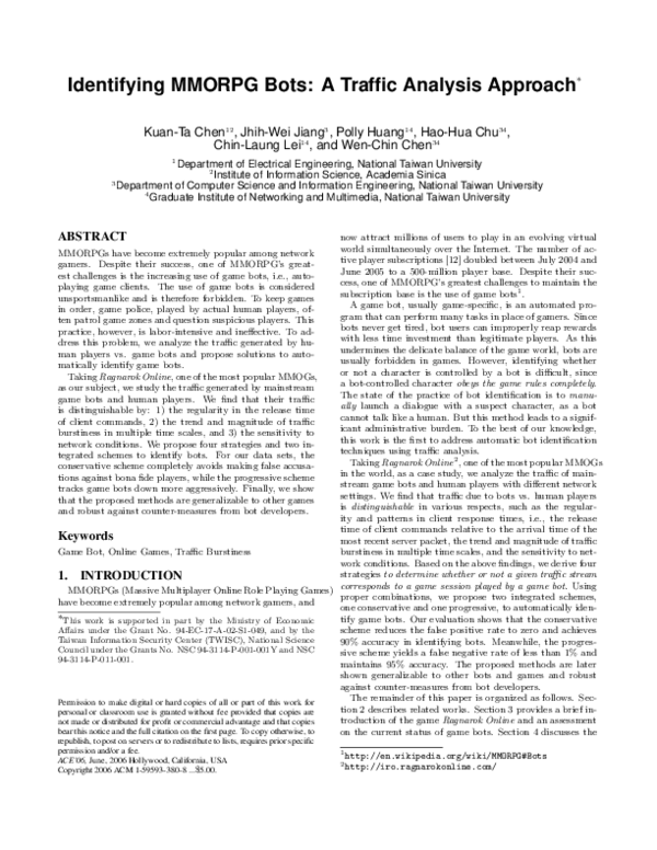 (PDF) Identifying MMORPG bots: A traffic analysis approach