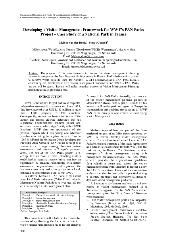 (PDF) Developing a visitor management framework for WWF's PAN Parks project–case study of a ...