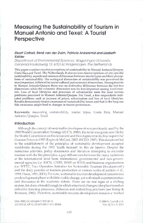 (PDF) Measuring sustainability of tourism in Manual Antonio/Quepos and Texel: a tourist perspective