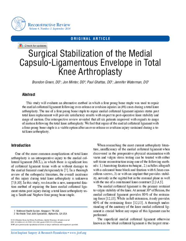 (PDF) Surgical Stabilization of the Medial Capsulo-Ligamentous Envelope ...