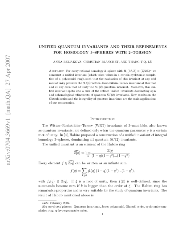 (PDF) Unified quantum invariants and their refinements for homology 3 ...