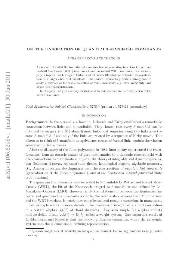 (PDF) On the unification of quantum 3-manifold invariants