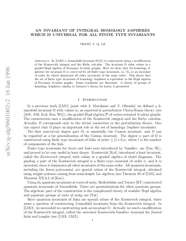 (PDF) An invariant of integral homology 3-spheres which is universal ...