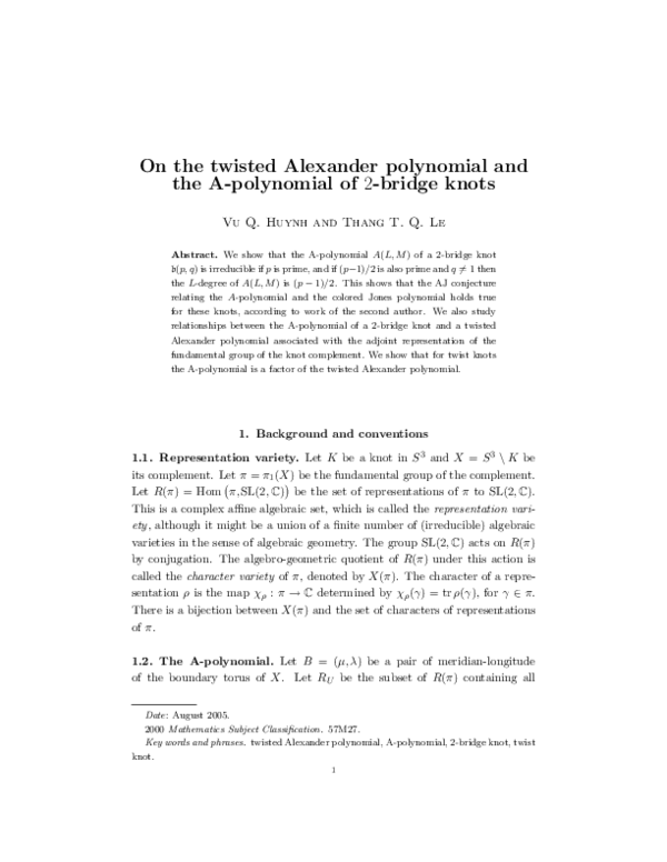 (PDF) On the twisted Alexander polynomial and the A-polynomial of 2 ...