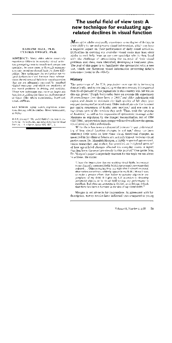 (PDF) The useful field of view test: a new technique for evaluating age ...