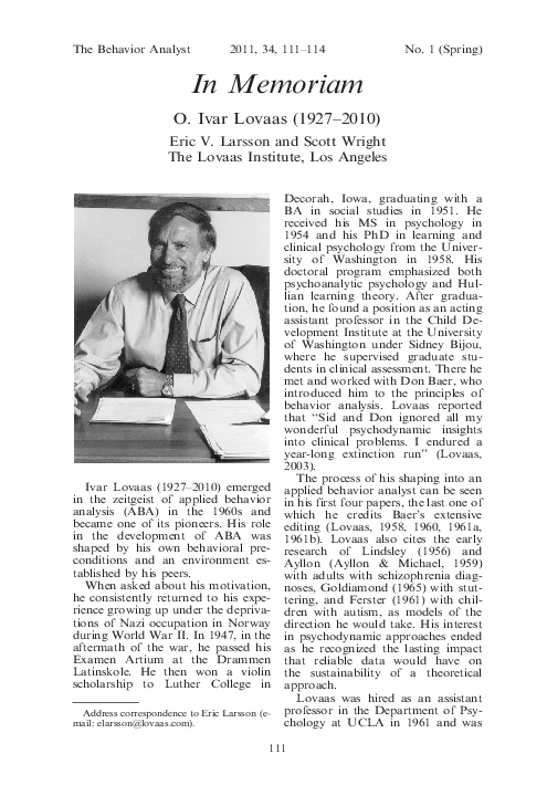 (PDF) O. Ivar Lovaas (1927–2010)