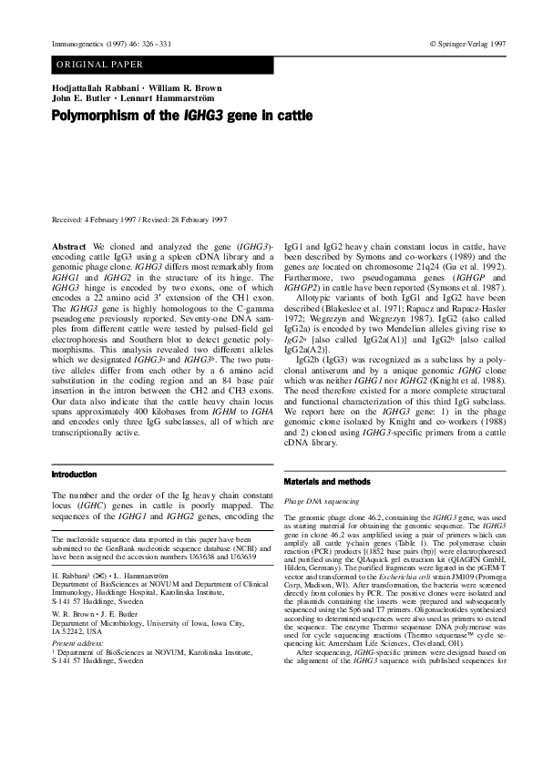 (PDF) Genetic polymorphism of the IGHG3 gene in cattle