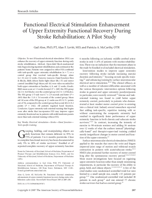 (PDF) Functional Electrical Stimulation Enhancement of Upper Extremity ...