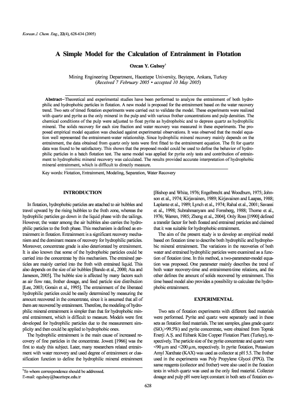 (PDF) A simple model for the calculation of entrainment in flotation
