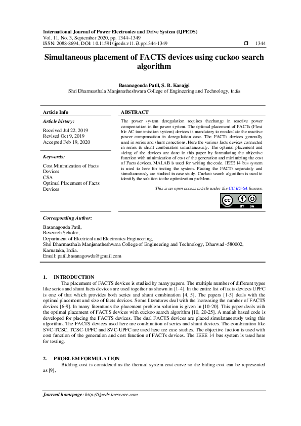 Pdf Simultaneous Placement Of Facts Devices Using Cuckoo Search Algorithm