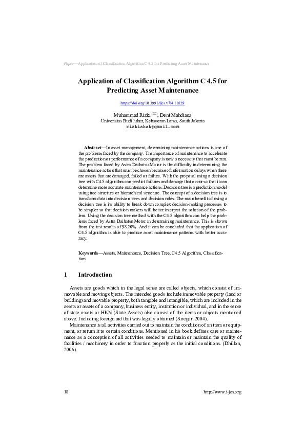 Pdf Application Of Classification Algorithm C 4 5 For Predicting Asset Maintenance