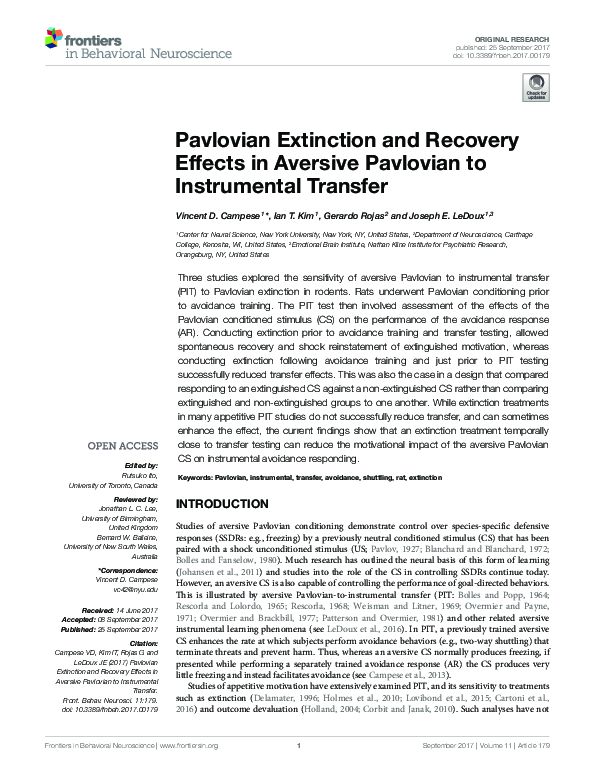 (PDF) Pavlovian Extinction and Recovery Effects in Aversive Pavlovian ...