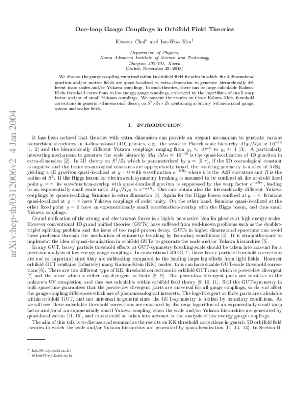 (PDF) One-loop Gauge Couplings in Orbifold Field Theories