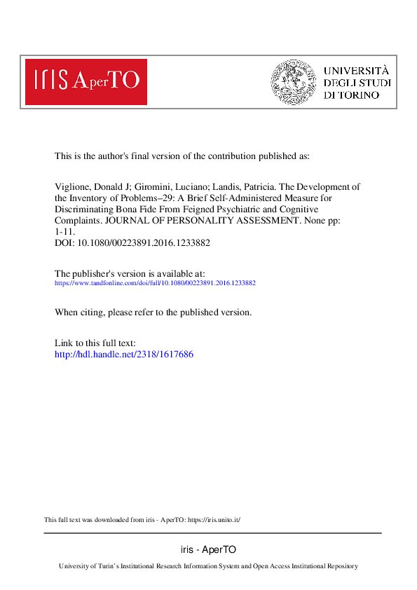 (PDF) The Development of the Inventory of Problems-29: A Brief Self ...