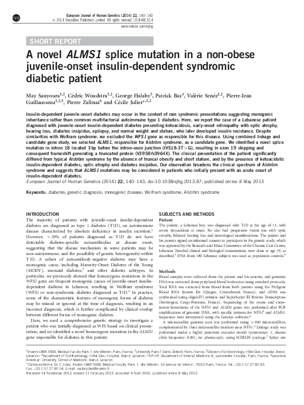 (PDF) A novel ALMS1 splice mutation in a non-obese juvenile-onset ...