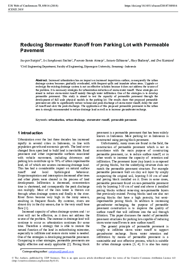 (PDF) Reducing Stormwater Runoff from Parking Lot with Permeable Pavement