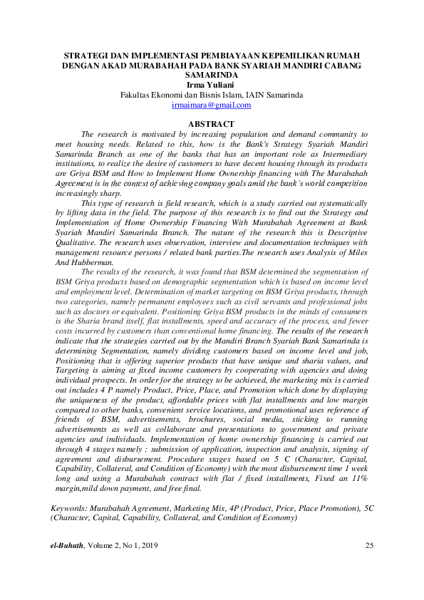 (PDF) Strategi dan Implementasi Pembiayaan Kepemilikan Rumah dengan Akad Murabahah pada Bank ...