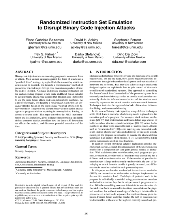 Pdf Randomized Instruction Set Emulation To Disrupt Binary Code Injection Attacks Darko