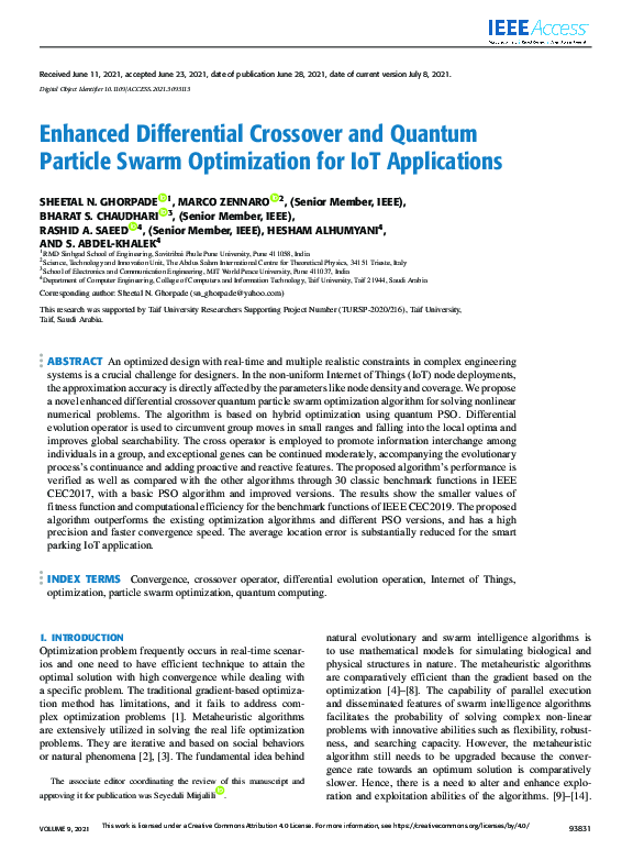 Pdf Enhanced Differential Crossover And Quantum Particle Swarm Optimization For Iot Applications