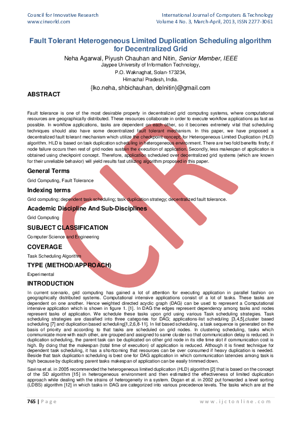 (PDF) Fault Tolerant Heterogeneous Limited Duplication Scheduling algorithm for Decentralized ...