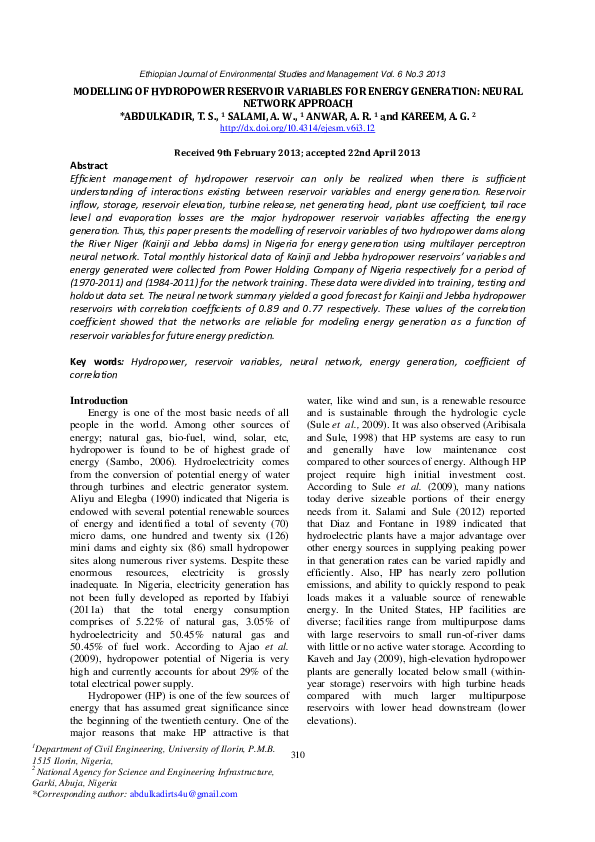 Pdf Modelling Of Hydropower Reservoir Variables For Energy Generation Neural Network Approach