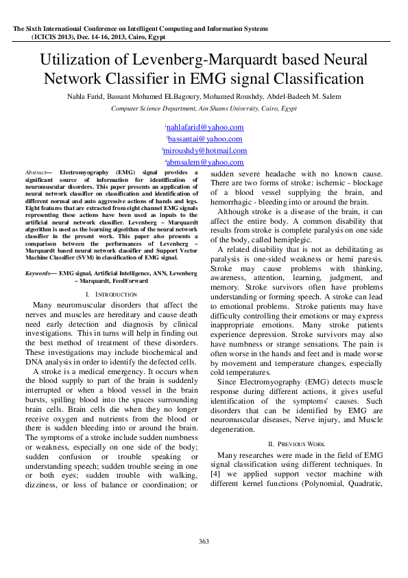 (PDF) Utilization of Levenberg-Marquardt based Neural Network Classifier in EMG signal ...