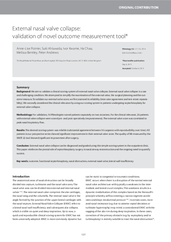 (PDF) External nasal valve collapse: validation of novel outcome ...