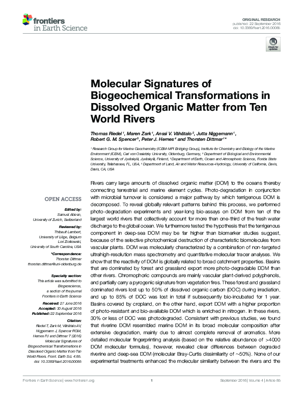 (PDF) Molecular Signatures of Biogeochemical Transformations in Dissolved Organic Matter from ...