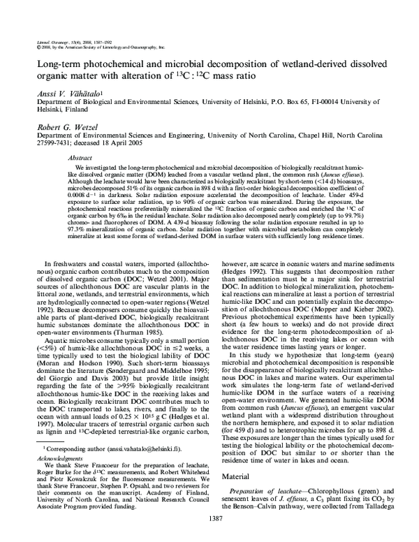 (PDF) Long-term photochemical and microbial decomposition of wetland-derived dissolved organic ...