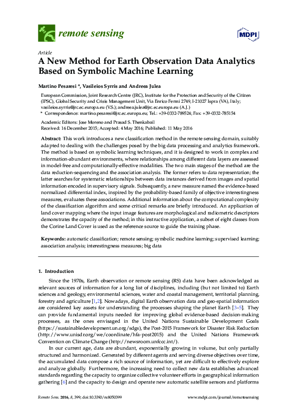 Pdf A New Method For Earth Observation Data Analytics Based On Symbolic Machine Learning