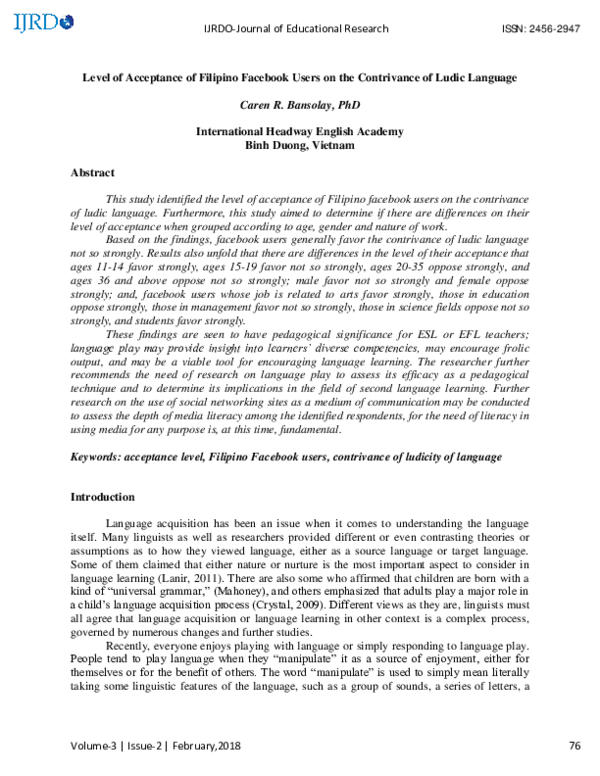(PDF) Level of Acceptance of Filipino Facebook Users on the Contrivance ...