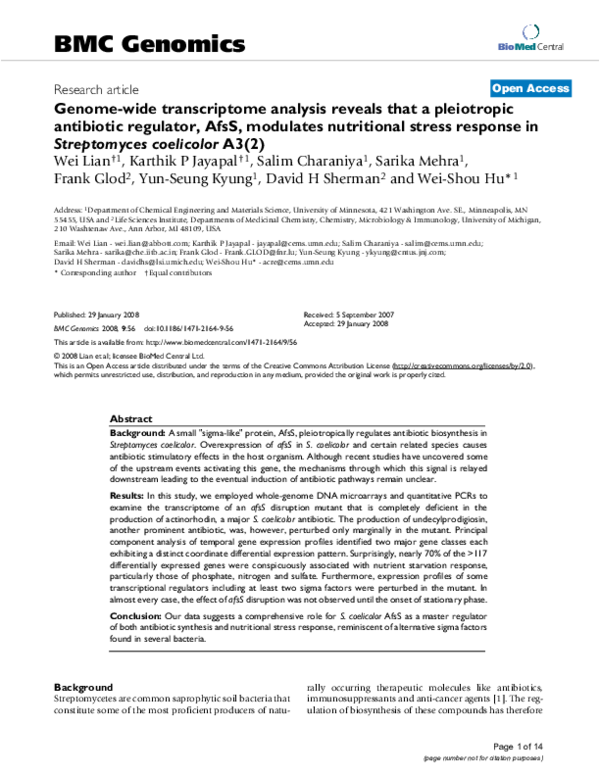 (PDF) Genome-wide transcriptome analysis reveals that a pleiotropic antibiotic regulator, AfsS ...
