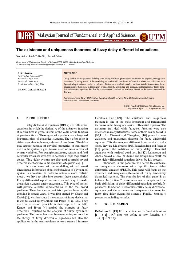 Pdf The Existence And Uniqueness Theorems Of Fuzzy Delay Differential