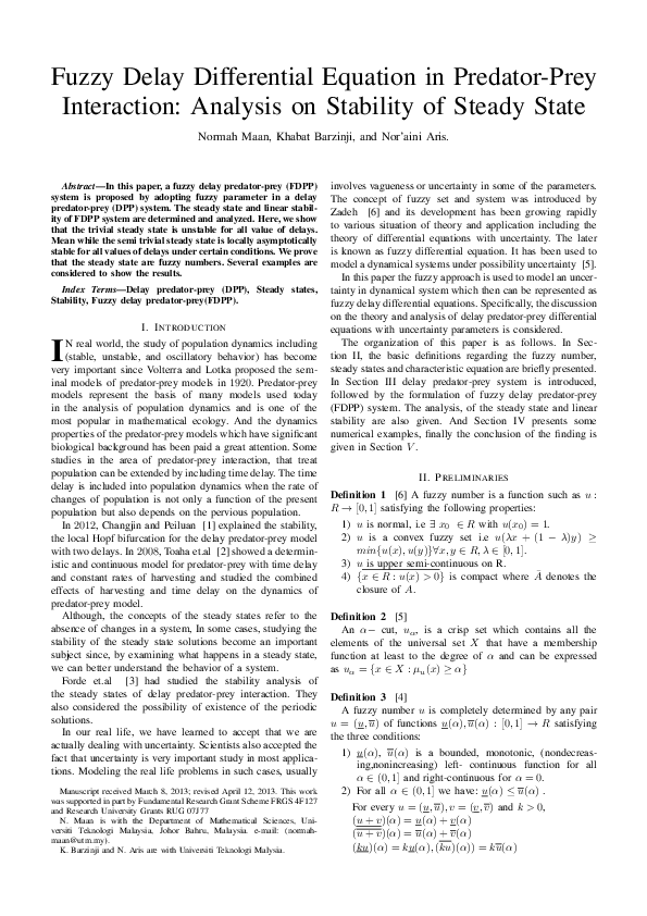 (PDF) Fuzzy Delay Differential Equation in Predator-Prey Interaction: Analysis on Stability of ...