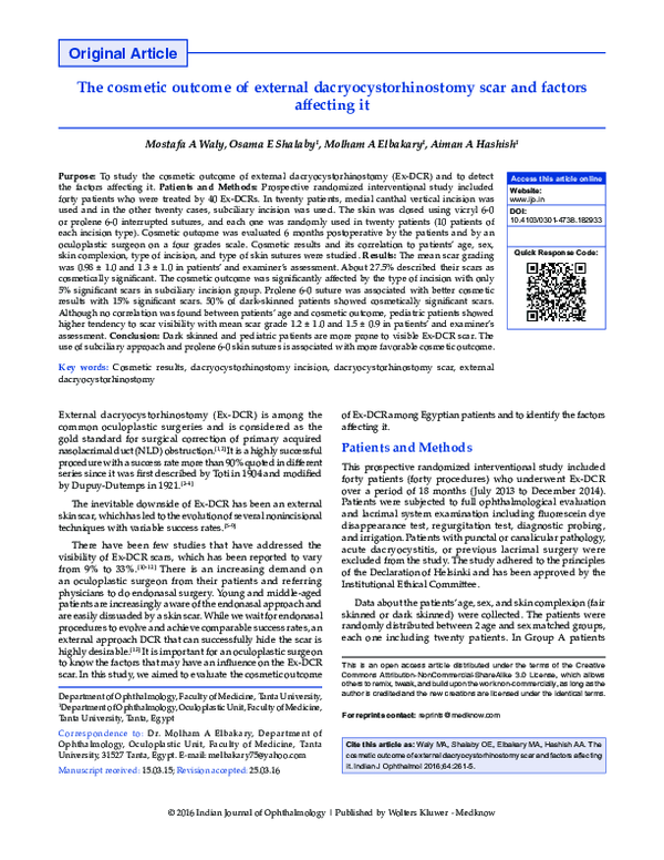 (PDF) The cosmetic outcome of external dacryocystorhinostomy scar and ...