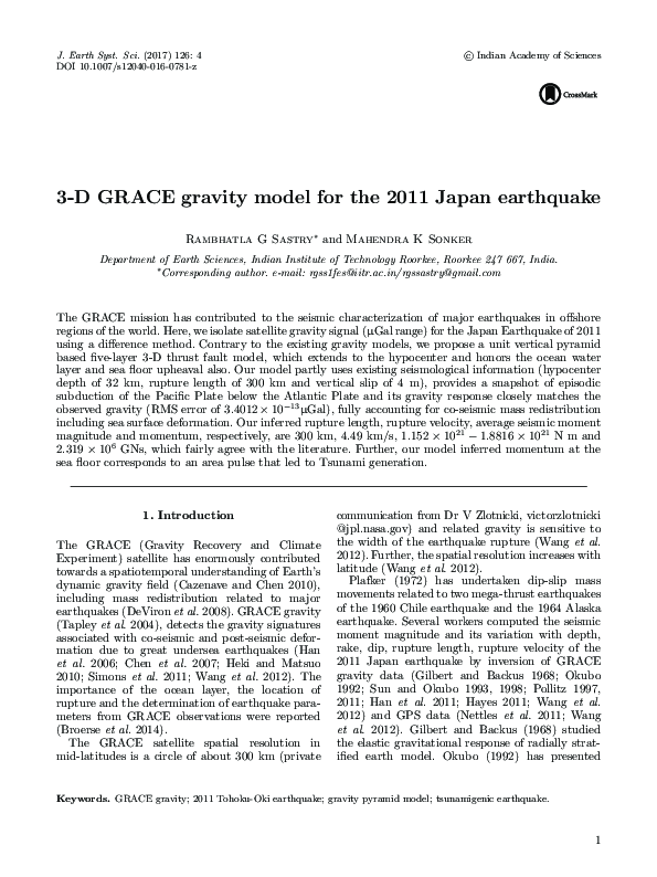 (PDF) 3-D GRACE gravity model for the 2011 Japan earthquake