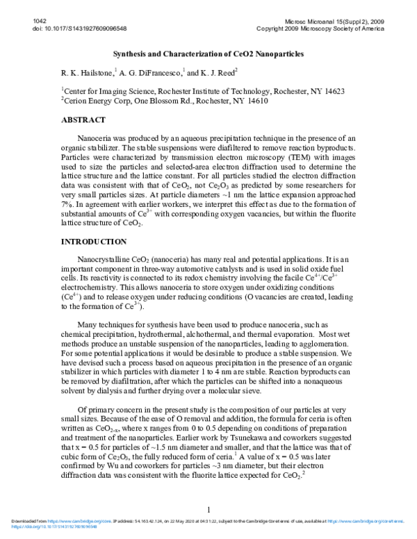 (PDF) Synthesis and characterization of CeO 2 nanoparticles