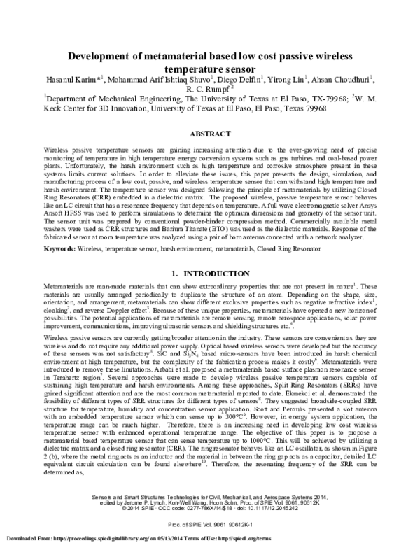 (PDF) Development of metamaterial based low cost passive wireless temperature sensor