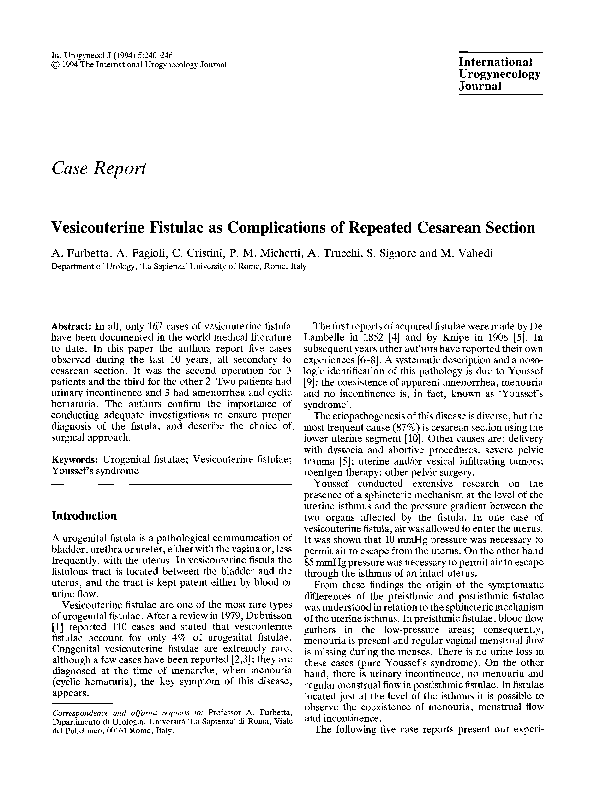 (PDF) Vesicouterine fistulae as complications of repeated cesarean section