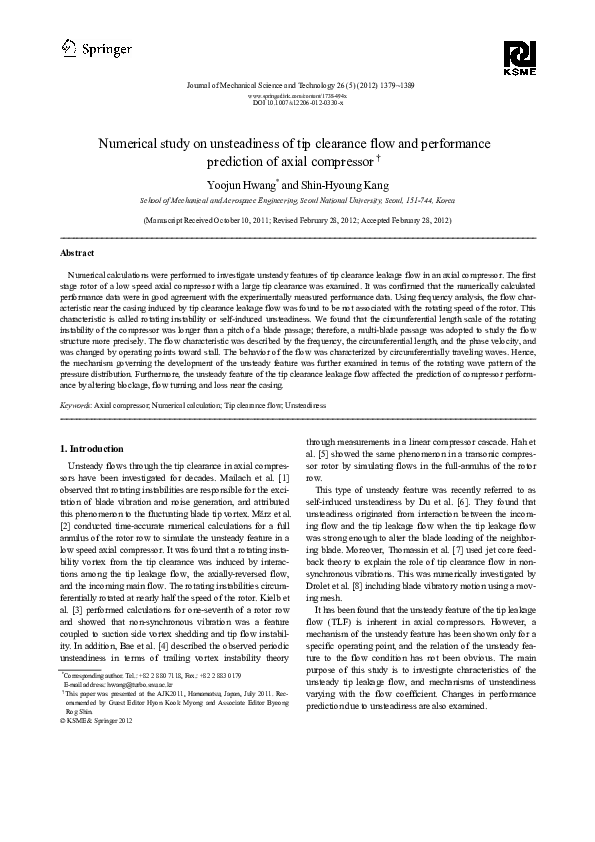 (PDF) Numerical study on unsteadiness of tip clearance flow and performance prediction of axial ...