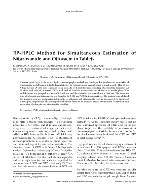 (PDF) RP-HPLC method for simultaneous estimation of nitazoxanide and ofloxacin in tablets