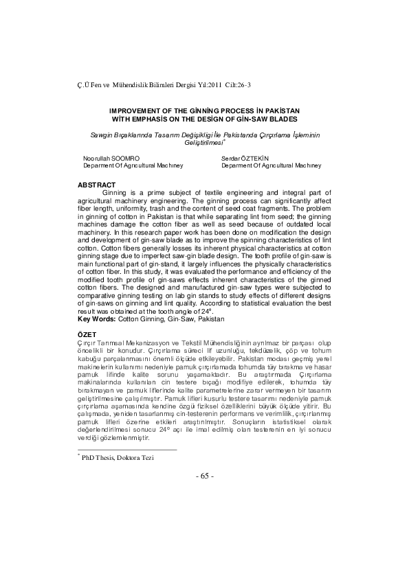 (PDF) Improvement of the Ginning Process in Pakistan with Emphasis on ...
