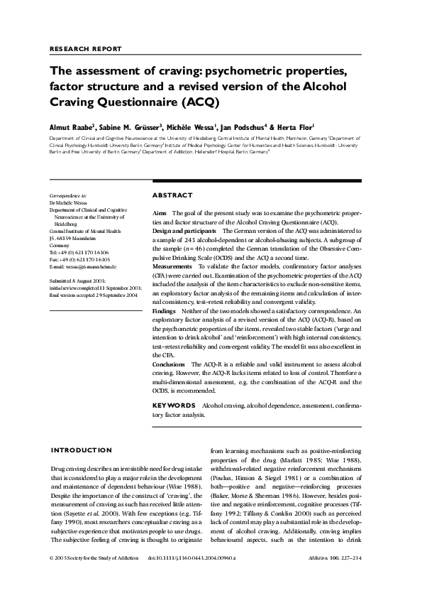 (PDF) The assessment of craving: psychometric properties, factor ...