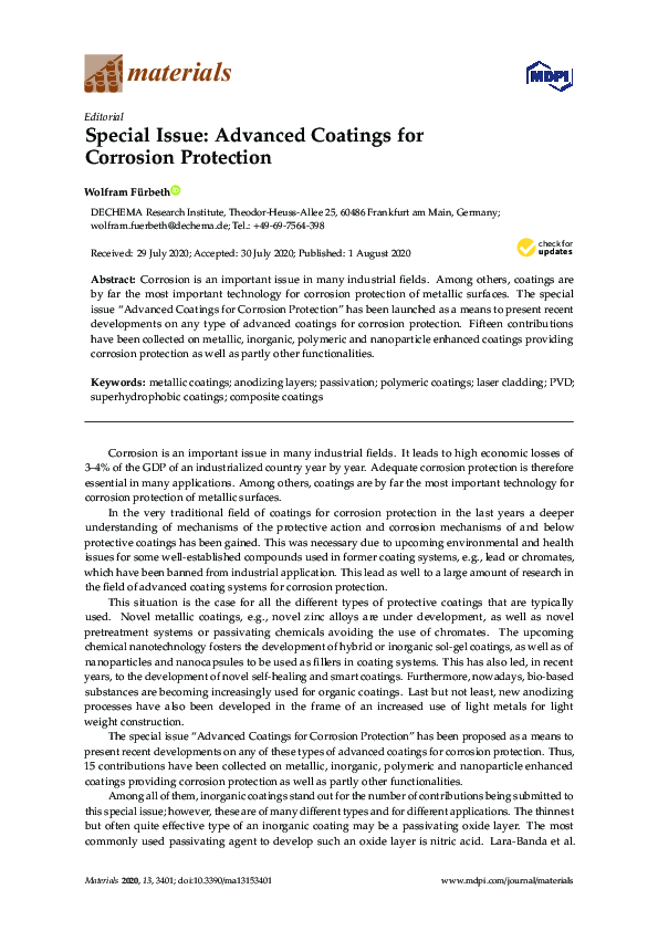 (PDF) Special Issue: Advanced Coatings for Corrosion Protection