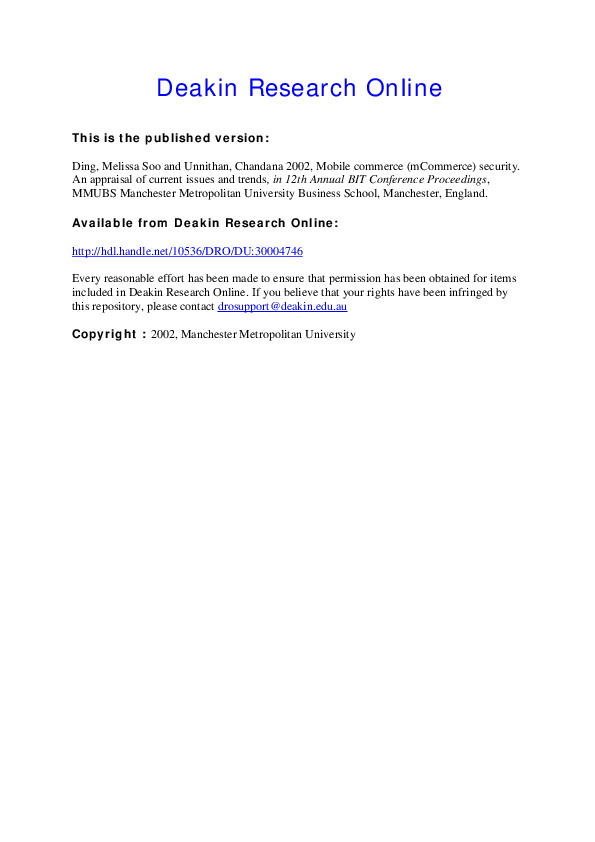 (PDF) Mobile commerce (mCommerce) security. An appraisal of current issues and trends