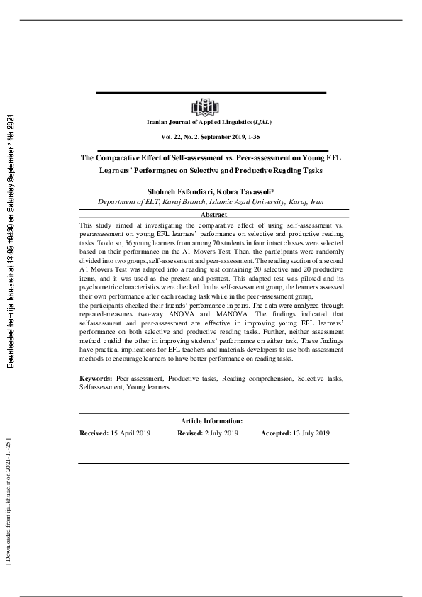 Pdf The Comparative Effect Of Self Assessment Vs Peer Assessment On Young Efl Learners
