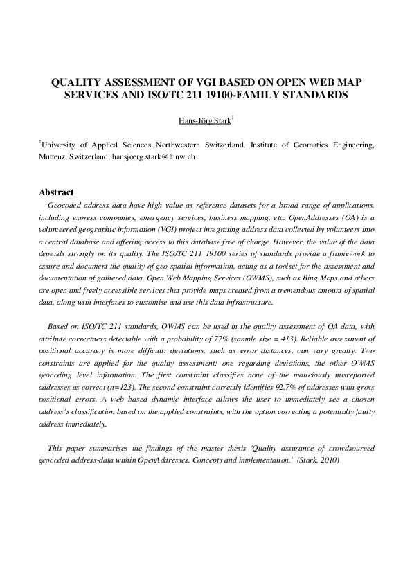 (PDF) Quality Assessment of Vgi Based on Open Web Map Services and Iso / TC 211 19100-FAMILY ...
